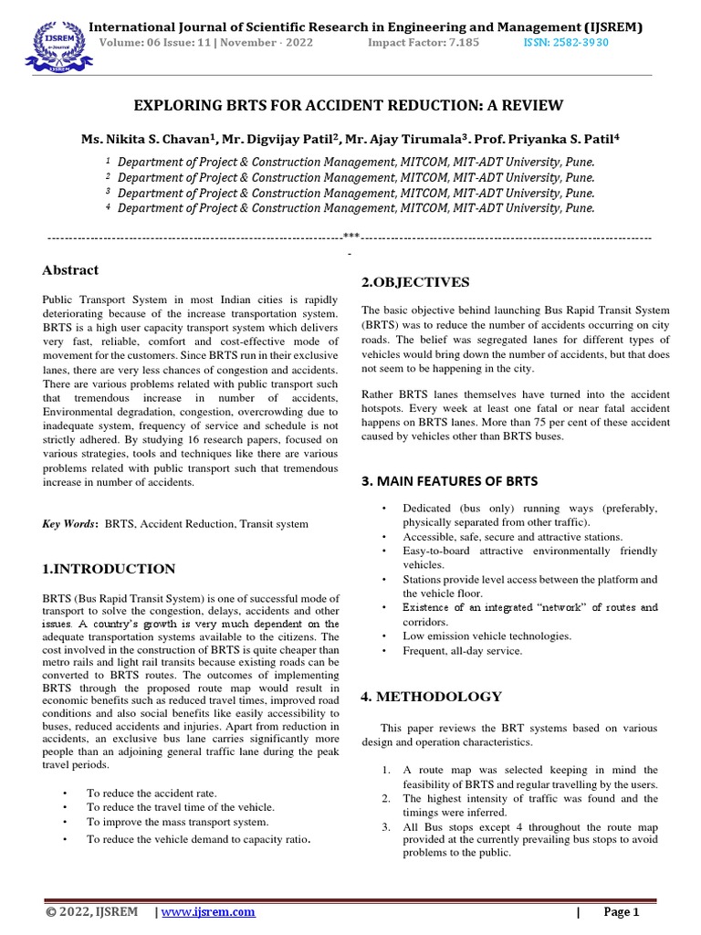 Exploring Brts For Accident Reduction A Review | PDF | Public Transport | Transportation Engineering