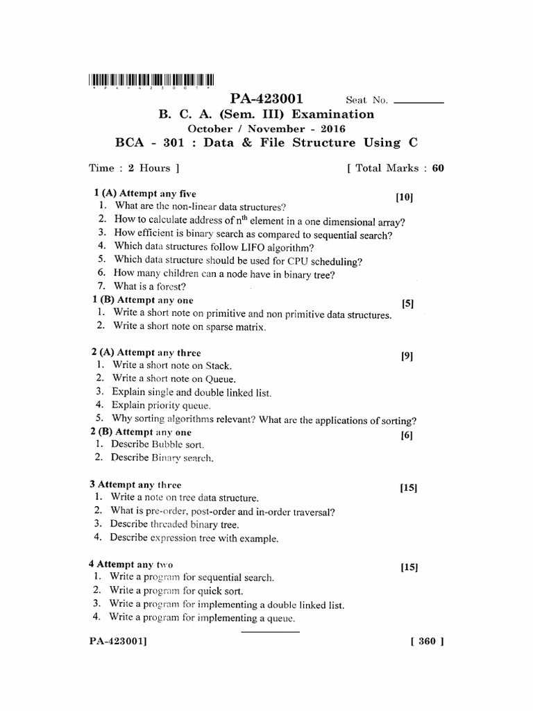B. C. A. (Sem. III) Exam. October November - 2016 BCA - 301 Data & File ... B. C. A. (Sem. III) Exam. October November - 2016 BCA - 301 Data & File ...