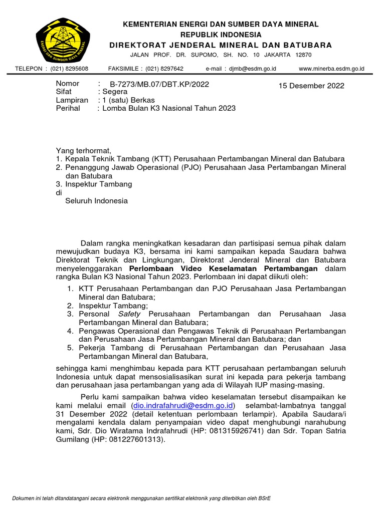 Lomba Bulan K3 Nasional Tahun 2023 - KTT & PJO SeluruhIndonesia | PDF