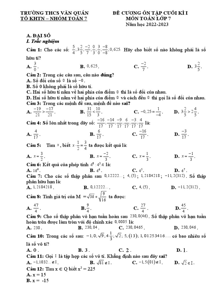 ĐỀ CƯƠNG ÔN TẬP CUỐI KÌ I -TOÁN 7 VQ | PDF