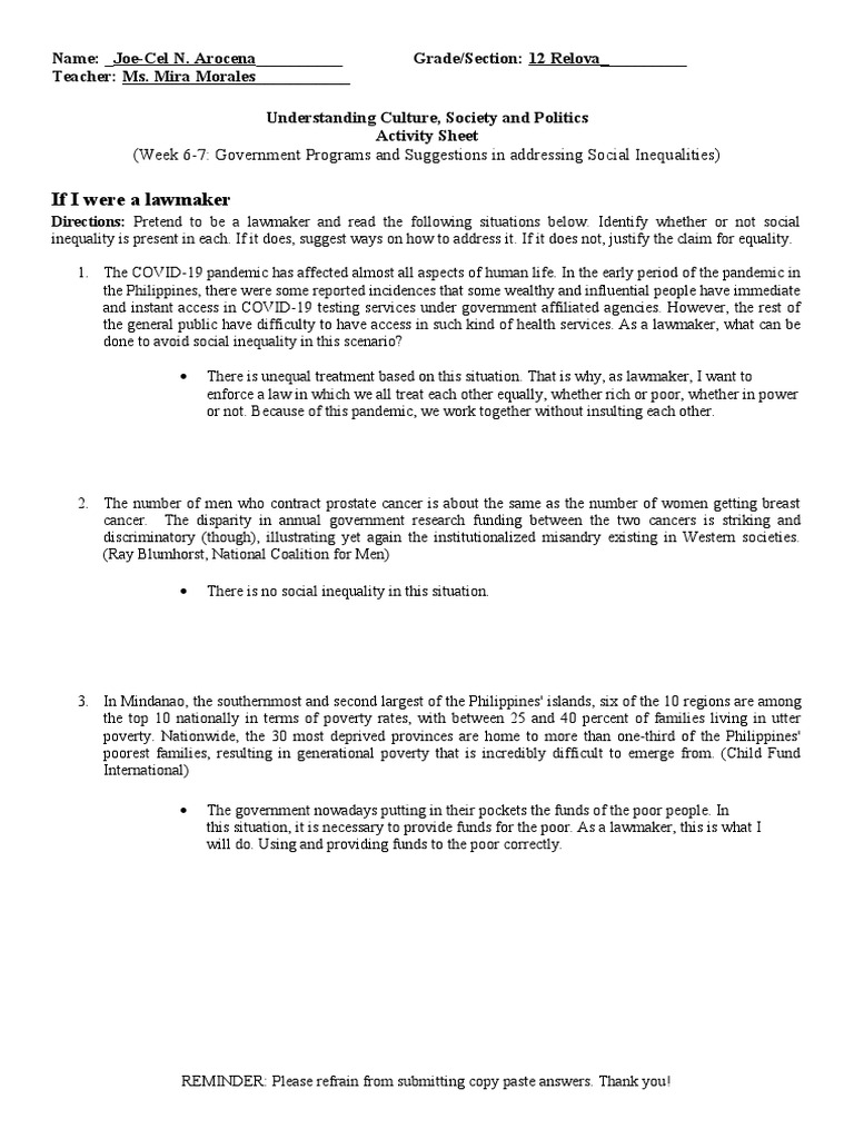 UCSP Activity Sheets (Week 6-7) | PDF | Poverty | Poverty & Homelessness