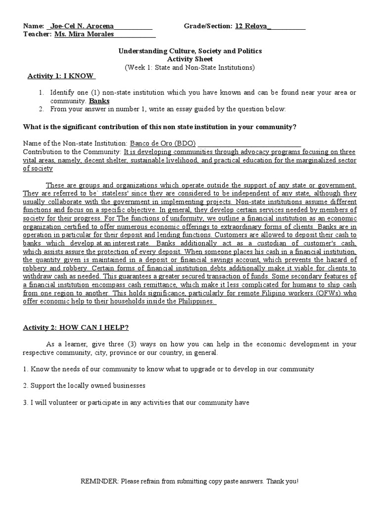 UCSP Activity Sheets Week 1 | PDF | Banks | Financial Services