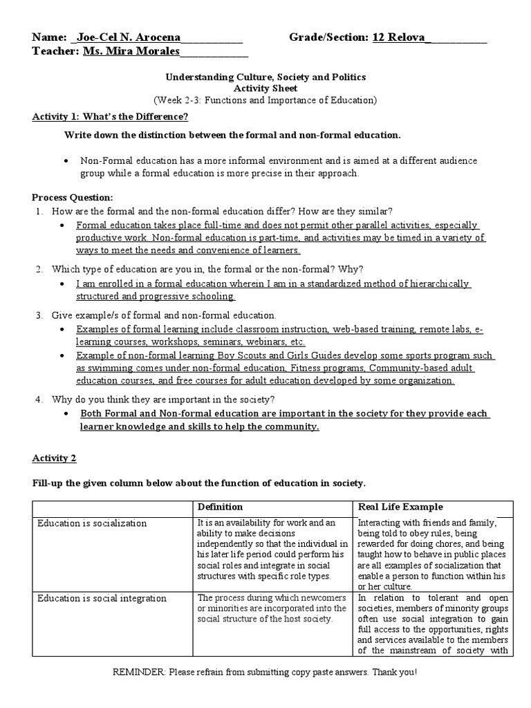 UCSP Activity Sheets Week 2-3 | PDF | Learning | Social Integration