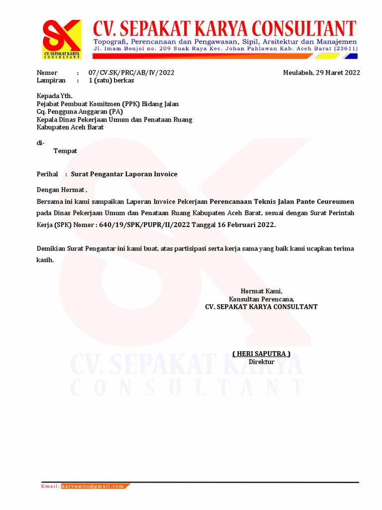 Surat Pengantar Invoice Perencanaan Jalan APBK | PDF