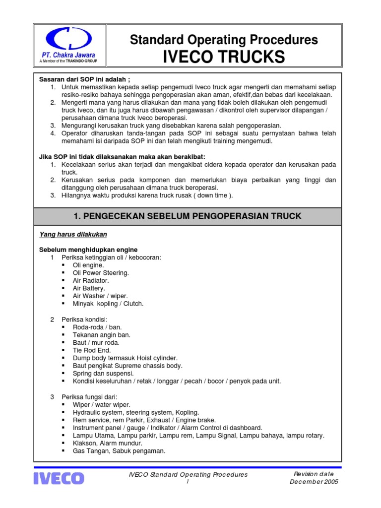 1.SOP Iveco Dump Truck Mekanikal-Ind | PDF