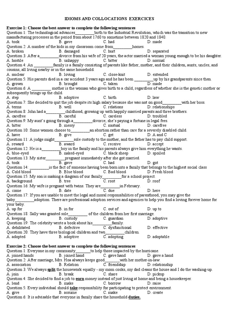 IDIOMS AND COLLOCATIONS EXERCICES - Docx - INTERMIDIATE | PDF | Parent | Love