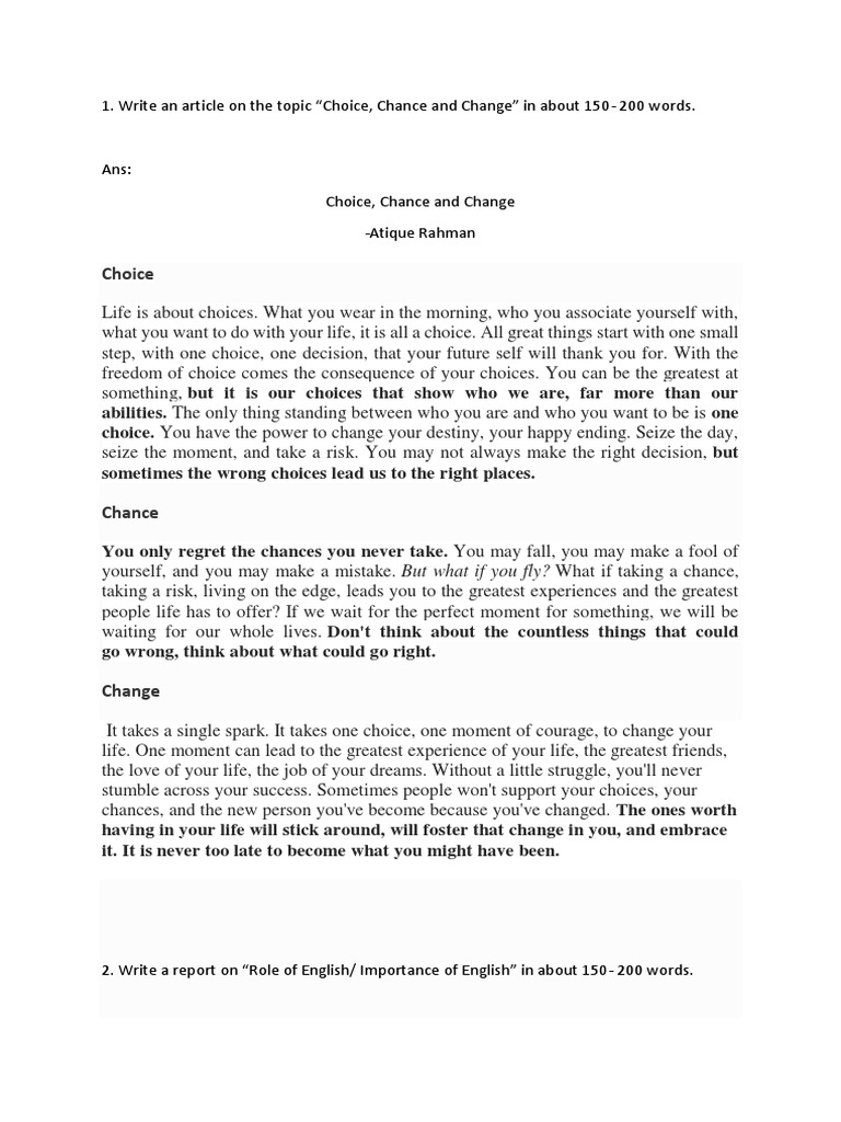 Choice: 1. Write An Article On The Topic "Choice, Chance and Change" in ...