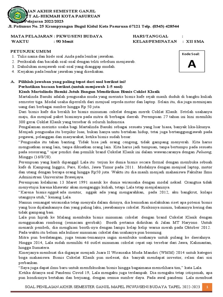 Pas Pkwu Seni Budaya 12 2022-2023 Kode A | PDF