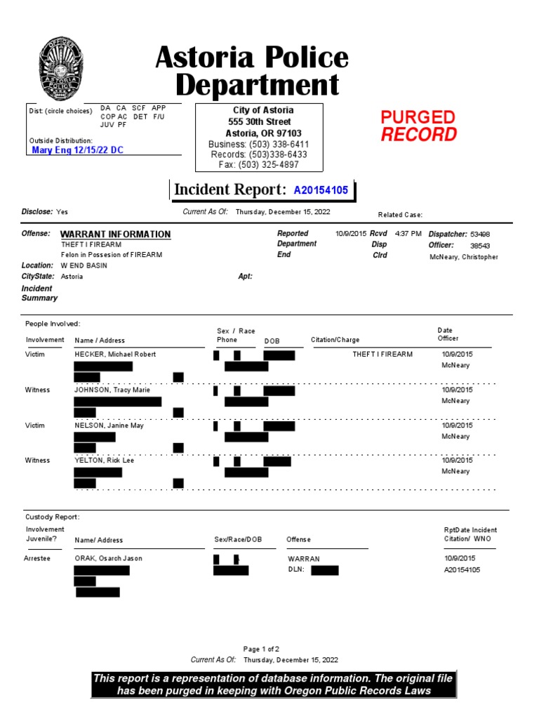 Osarch Orak Firearms Arrest - A20154105 - Redacted | PDF | Arrest ...