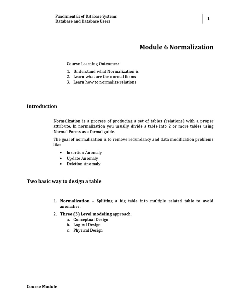 Module 6 Normalization Pdf Pdf Databases Data