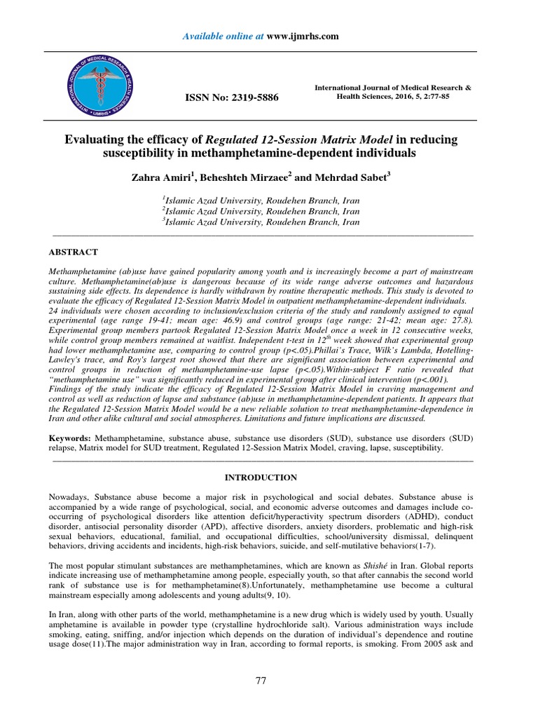 Evaluating The Efficacy of Regulated 12session Matrix Model in Reducing ...