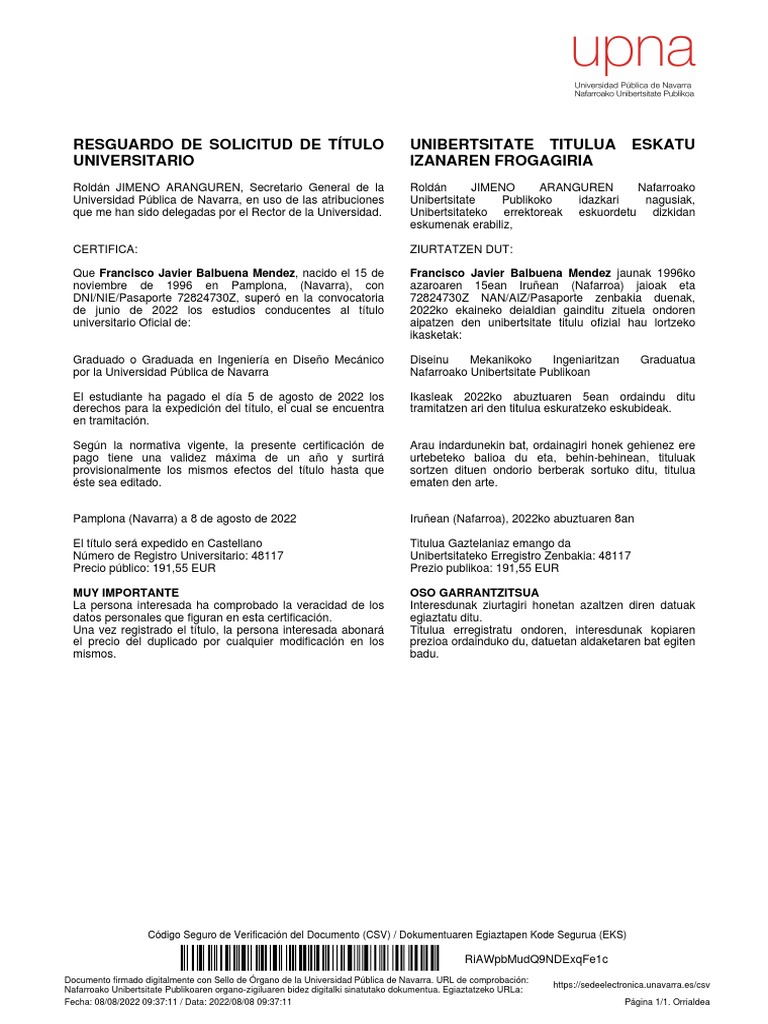 Resguardo Título de Francisco Javier Balbuena Mendez | PDF | Documento ...