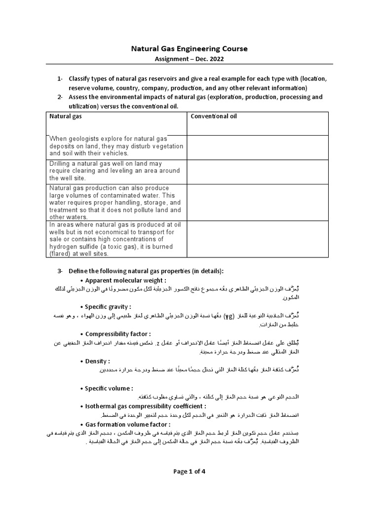 Assignment - Natural Gas Engineering Course 2022 | PDF