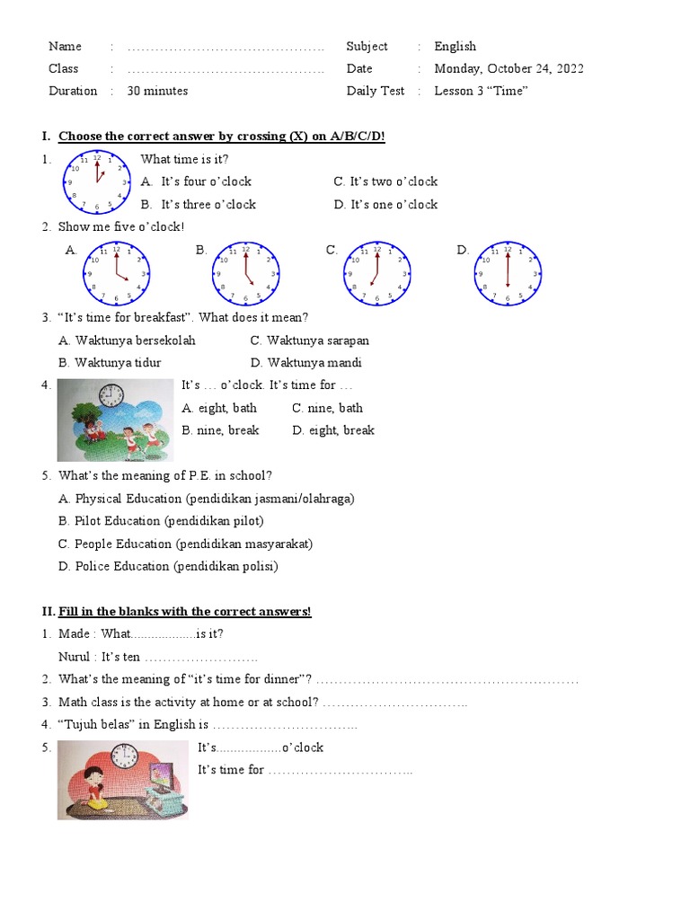 English Daily Test: Lesson 3 Time | PDF | Language Arts & Discipline