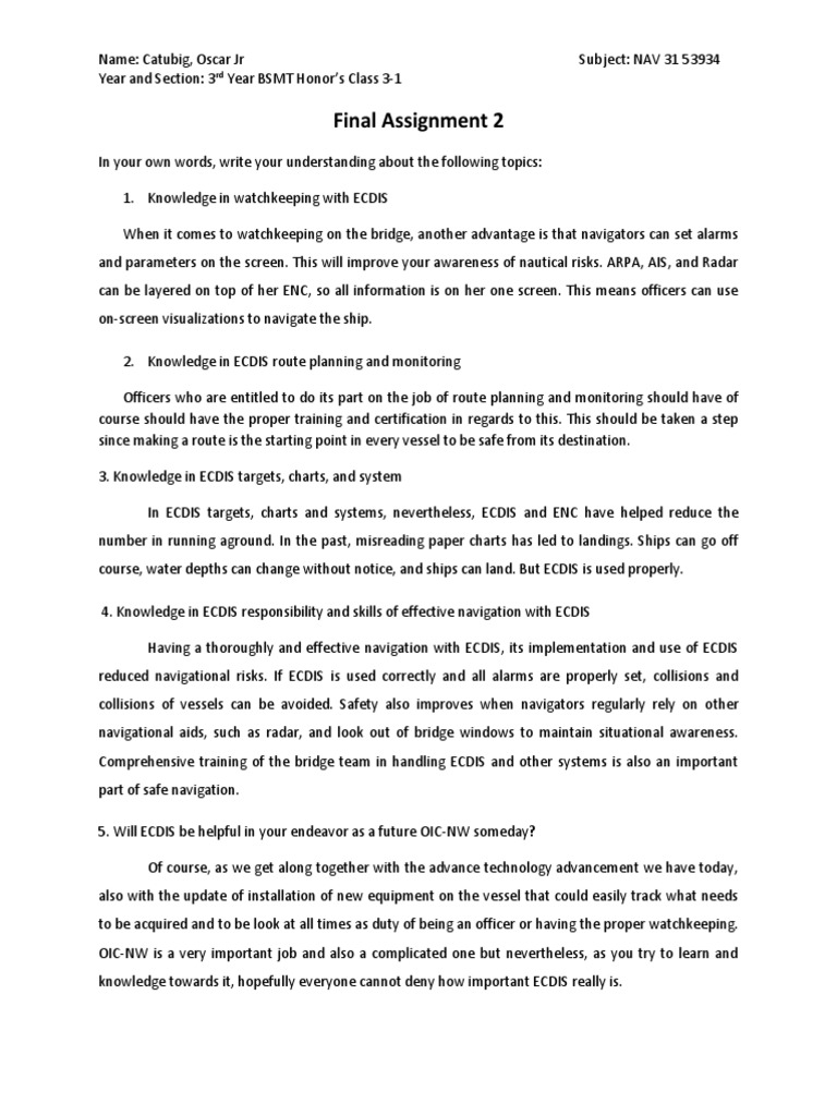 Final Assignment 2 NAV 316 - Catubig, Oscar JR | PDF | Navigator | Navigation