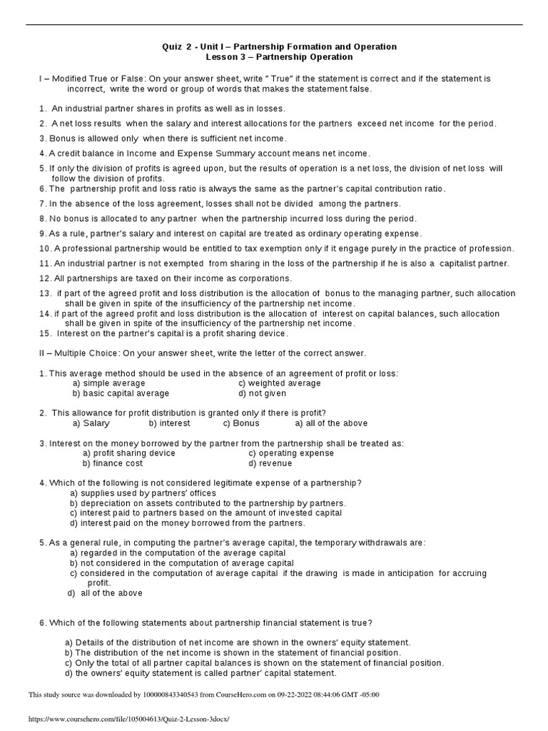 Quiz 2 Lesson 3 | PDF | Partnership | Balance Sheet