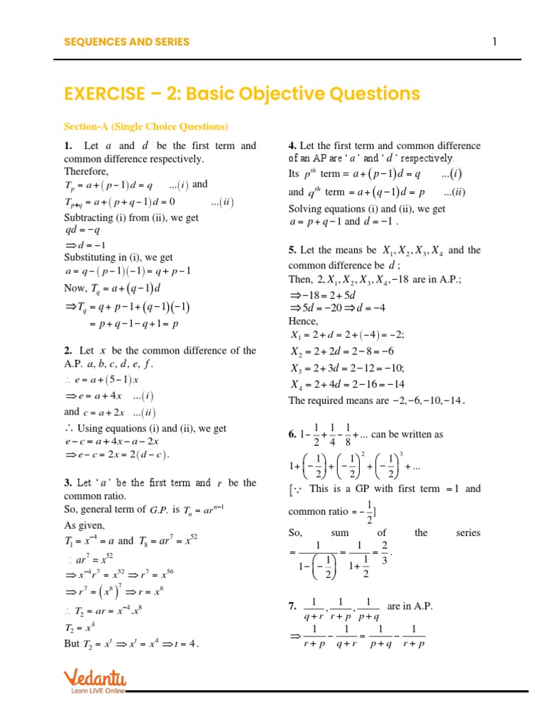 Sequences and Series - Solutions (Exercise-2) | PDF