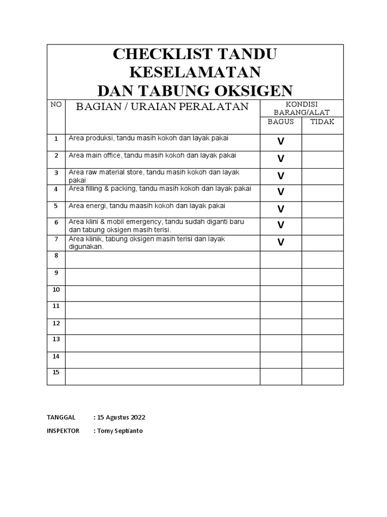 Checklist Tandu Keselamatan And Oksigen Pdf
