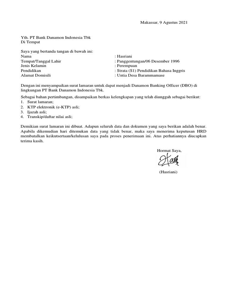 Surat Lamaran Danamon-Dikonversi | PDF | Kesehatan Holistik