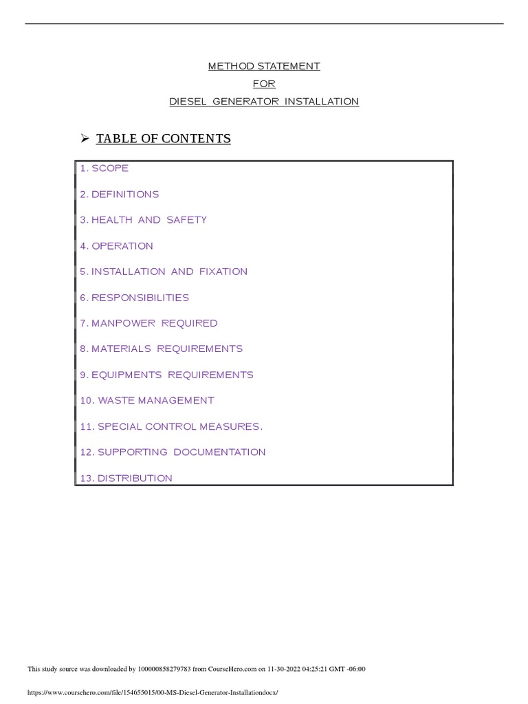 Diesel Generator Installation Method Statement | PDF | Personal ...