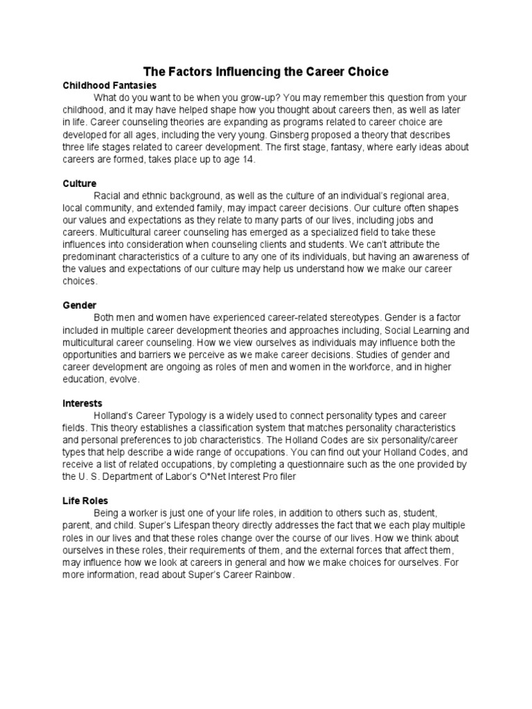 Factors Influencing Career Choices | PDF | Personality Type | Gender ...