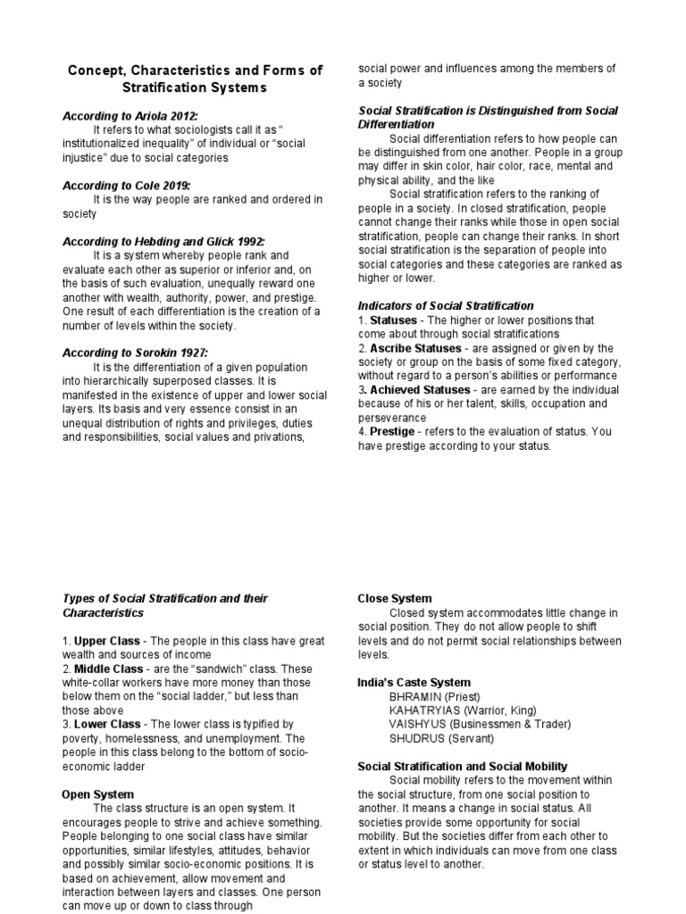 Concept, Characteristics and Forms of Stratification Systems | PDF | Social Status | Social ...