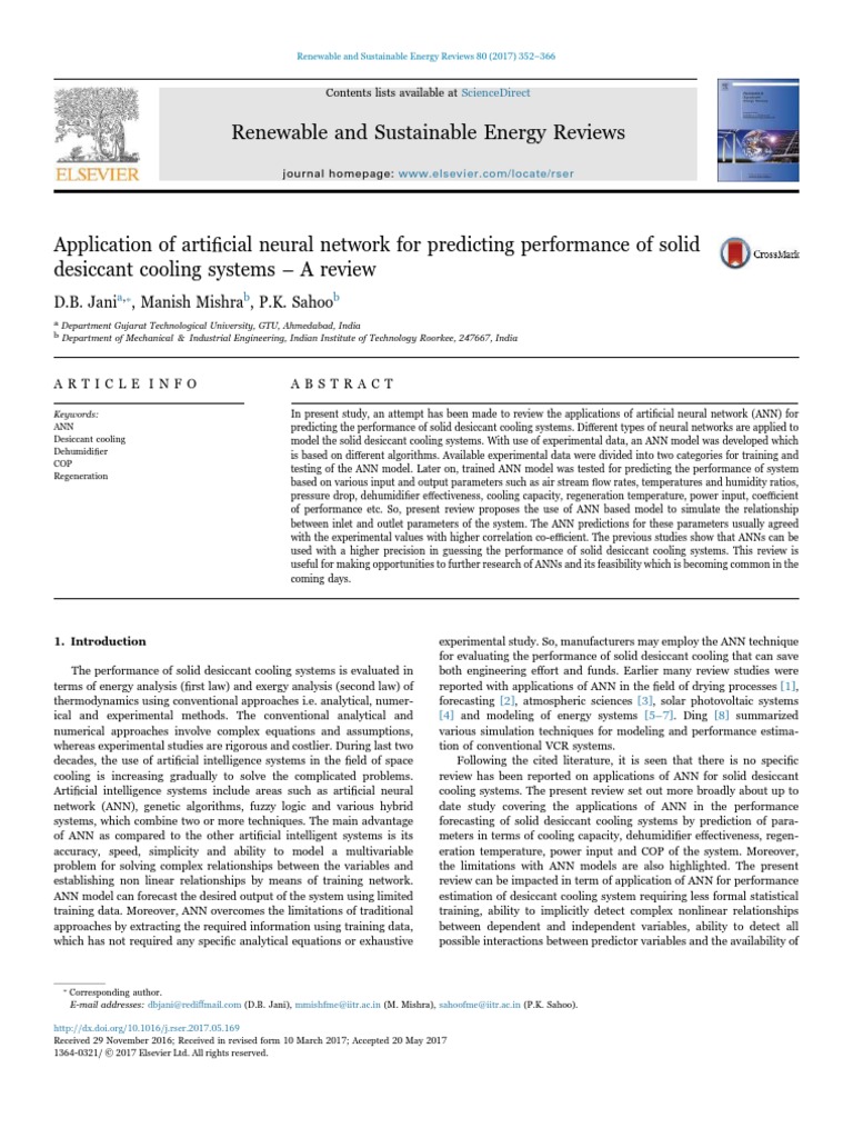 Application of Artificial Neural Network For Predicting Performance of Solid Desiccant Cooling ...