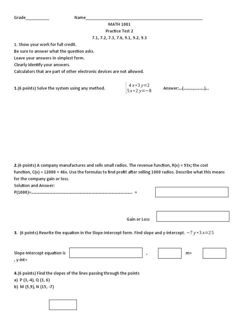 Math 1001 Practice Test 3 | PDF