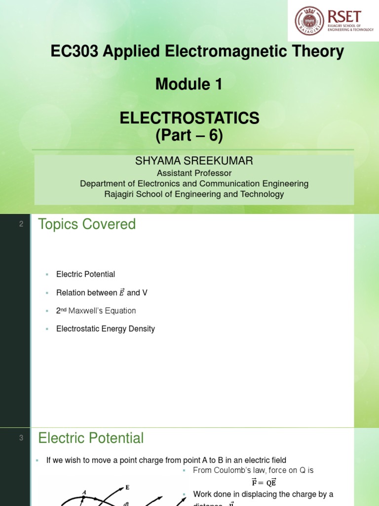 EC303 Applied Electromagnetic Theory Module 1: Electrostatics (Part 6 | PDF | Electric Field ...