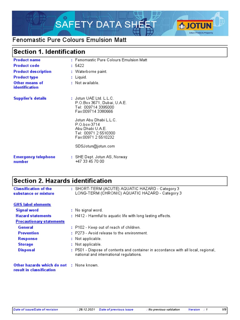 SDS 5422 Fenomastic Pure Colours Emulsion Matt Euk AE | PDF | Toxicity ...