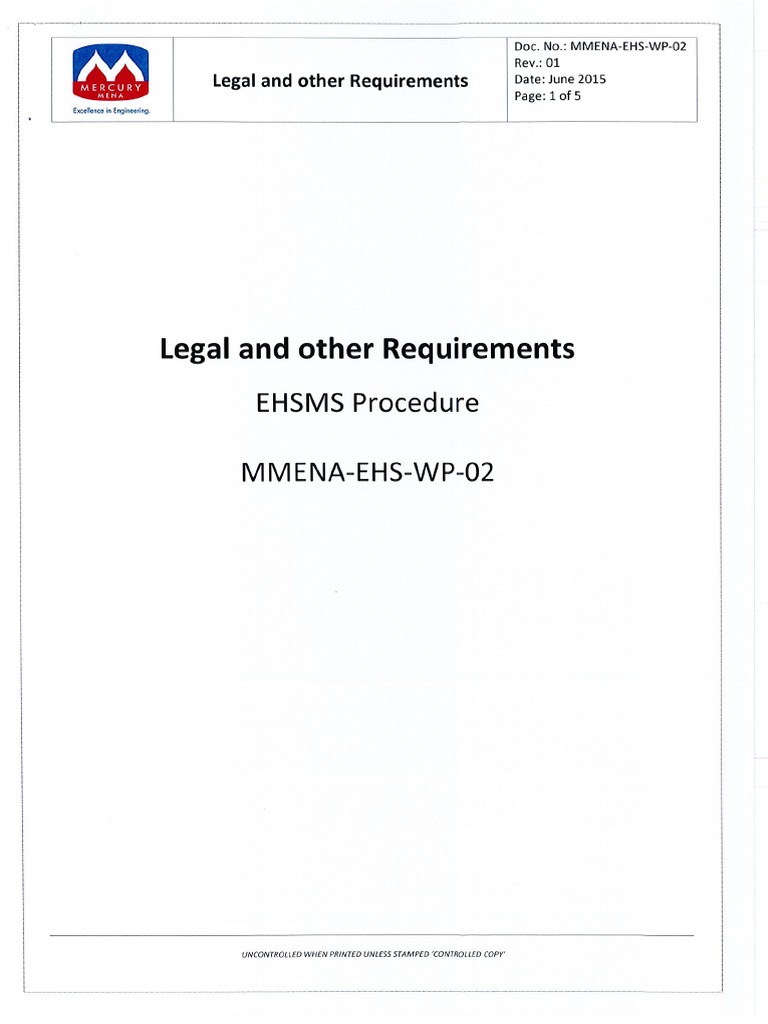 MMENA EHS WP 02 - Legal and Other Requirements | PDF