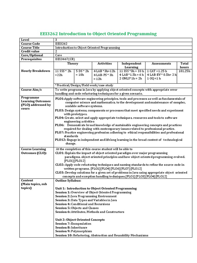 Eei3262 Introduction To Object Oriented Programming Course Synopsis