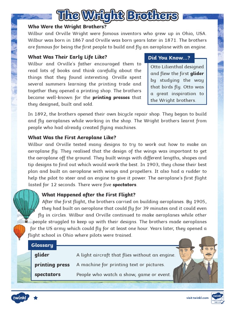 LKS2 The Wright Brothers Differentiated Reading Comprehension Activity ...