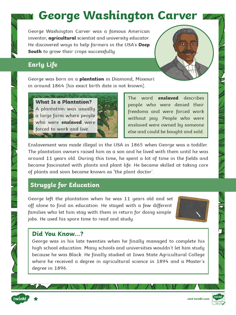 UKS2 George Washington Carver Reading Comprehension Activity | PDF ...