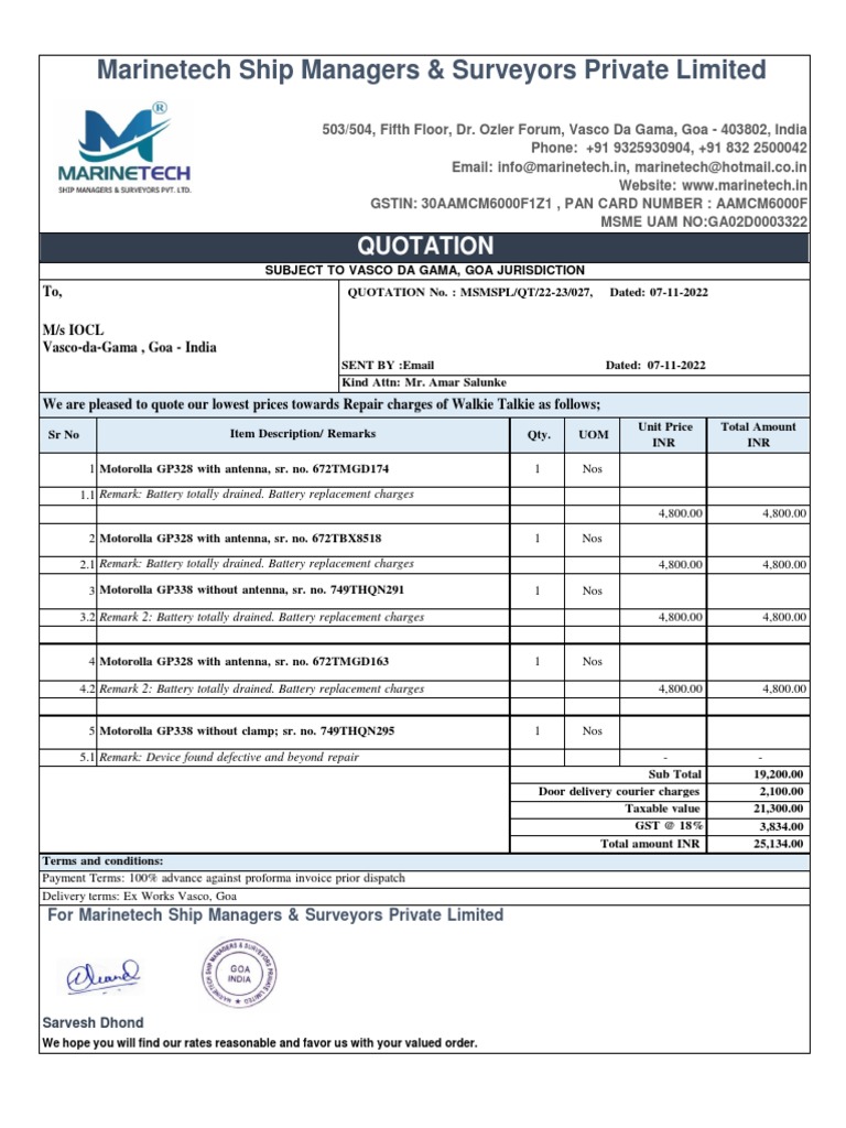 Marinetech Ship Managers & Surveyors Private Limited: Quotation | PDF | Payments