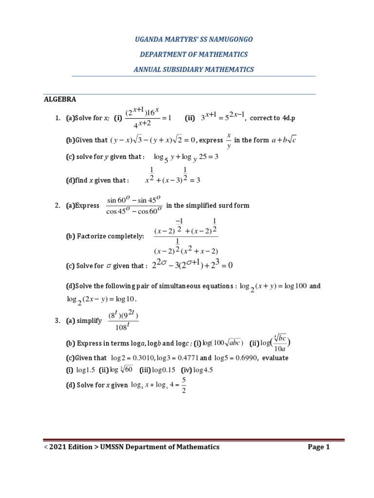Annual Subsidiary Mathematics | PDF | Quadratic Equation | Equations