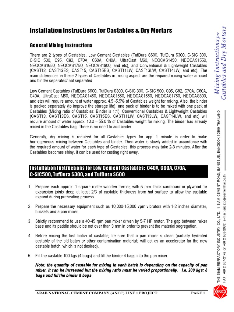 Mixing Instructions For Castables and Dry Mortars | PDF | Refractory | Mortar (Masonry)