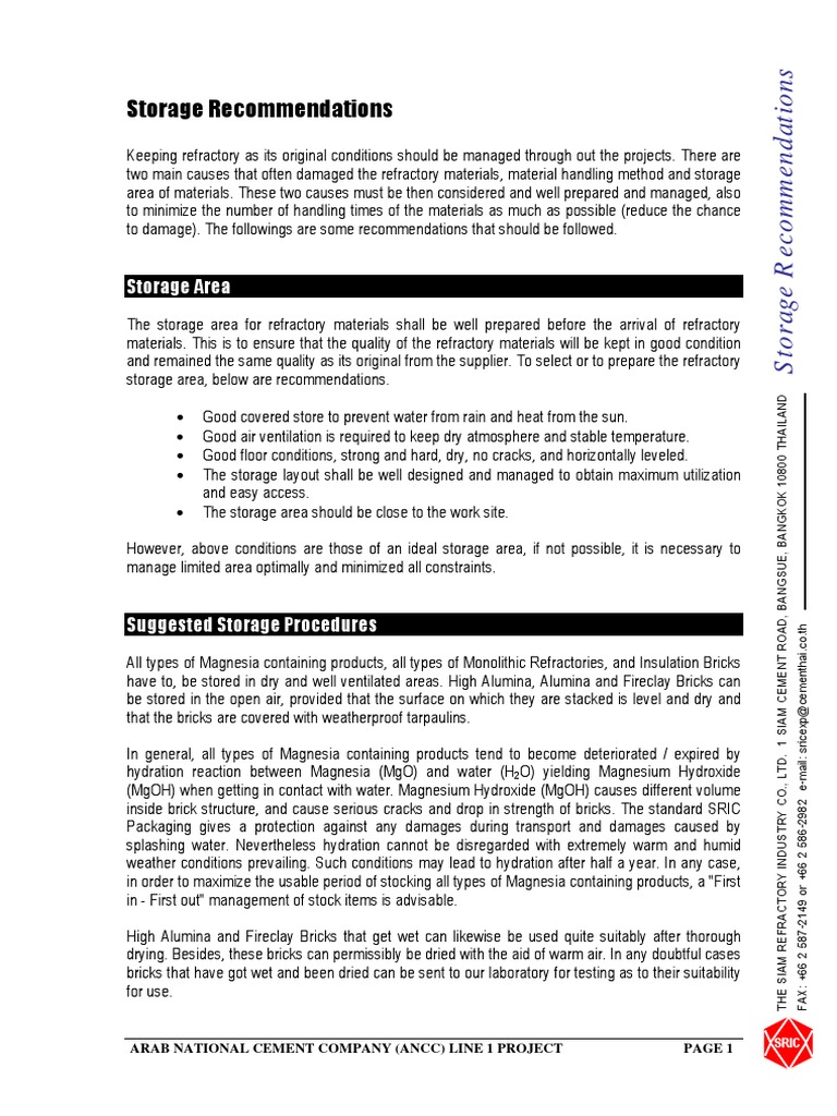Refractor Storage Recommendations | PDF | Refractory | Brick