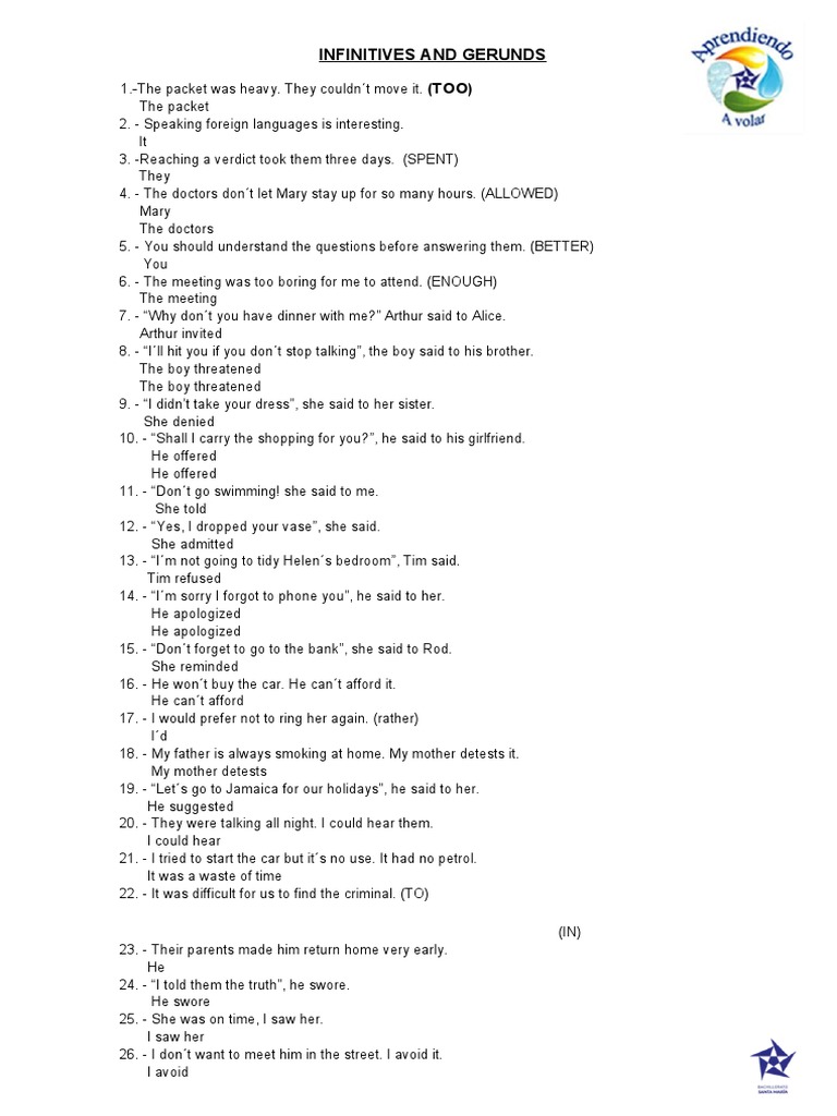 Infinitives and Gerunds Exercises | PDF