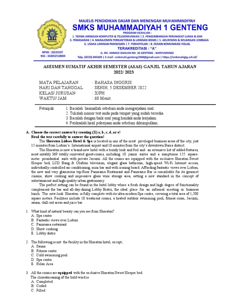 Soal Asas Ganjil 2022-2023 (Bahasa Inggris X PH) | PDF