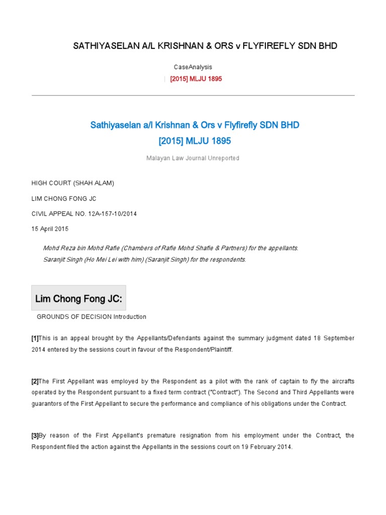 Sathiyaselan A L Krishnan Ors V Flyfirefly SDN BHD | PDF | Damages ...