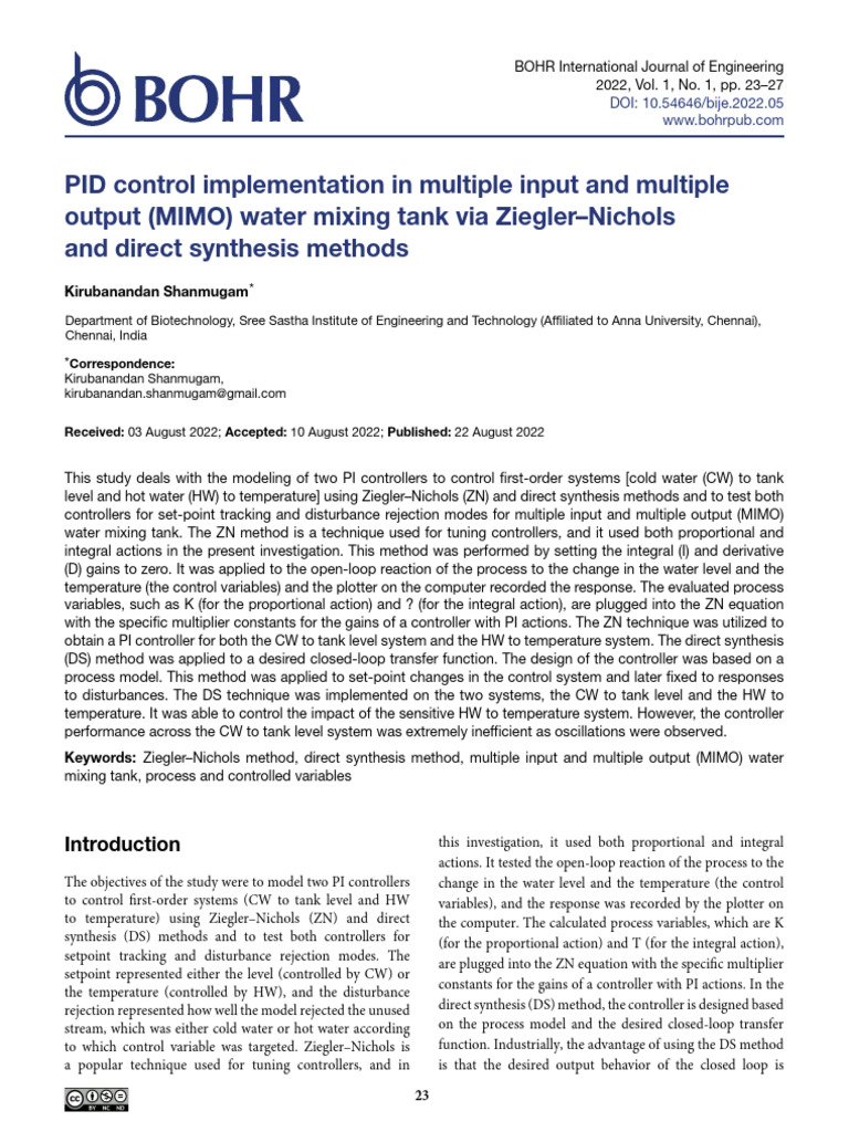 PID Control Implementation in Multiple Input and Multiple Output (MIMO) Water Mixing Tank Via ...