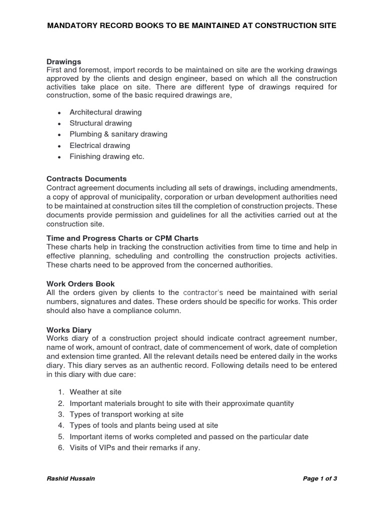 Mandatroy Record Books To Be Maintained at Construction Site | PDF ...