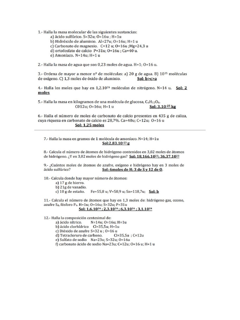 ejercicios cálculos moles, formula empirica y molecular (3) | PDF