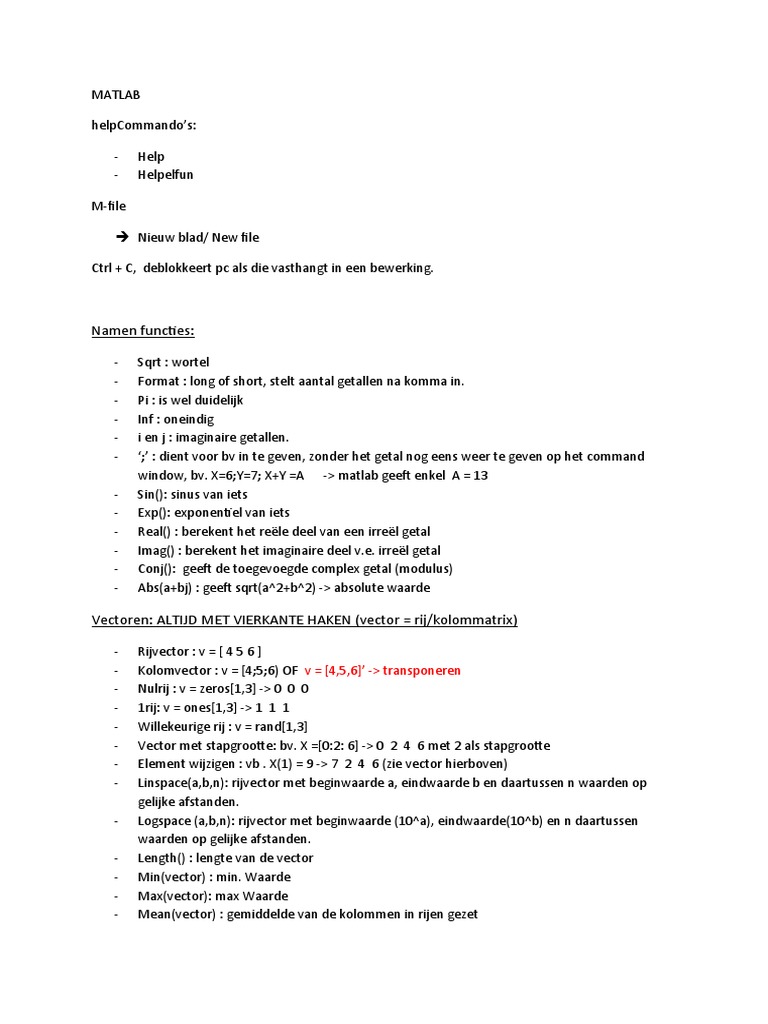 MATLAB Samenvatting | PDF