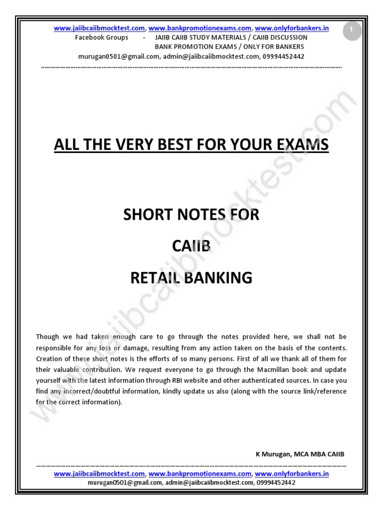 CAIIB-Retail Banking-Short Notes by Murugan-Sep 2021 | PDF | Banks ...