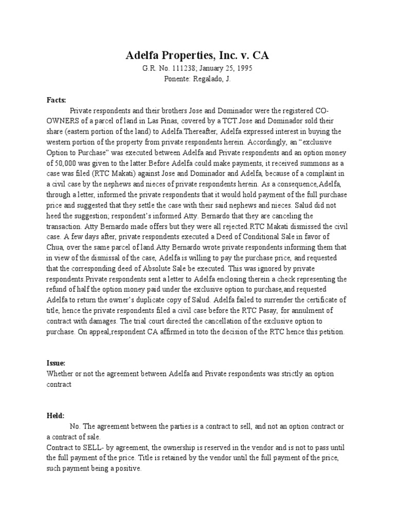 Adelfa v. CA | PDF | Option (Finance) | Law And Economics