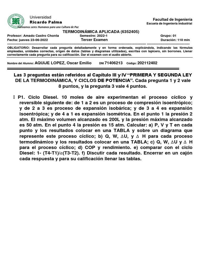 Tercer Examen de Termo 20221 | PDF | Termodinámica | Ingeniería