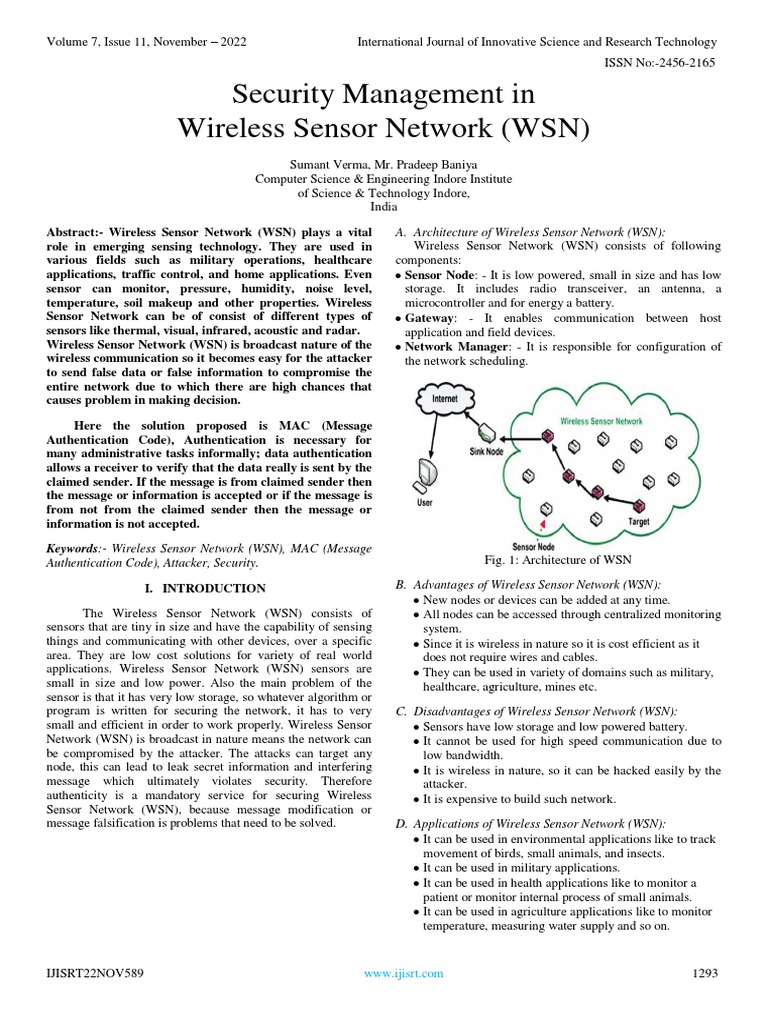 Security Management in Wireless Sensor Network (WSN) | Download Free PDF | Wireless Sensor ...