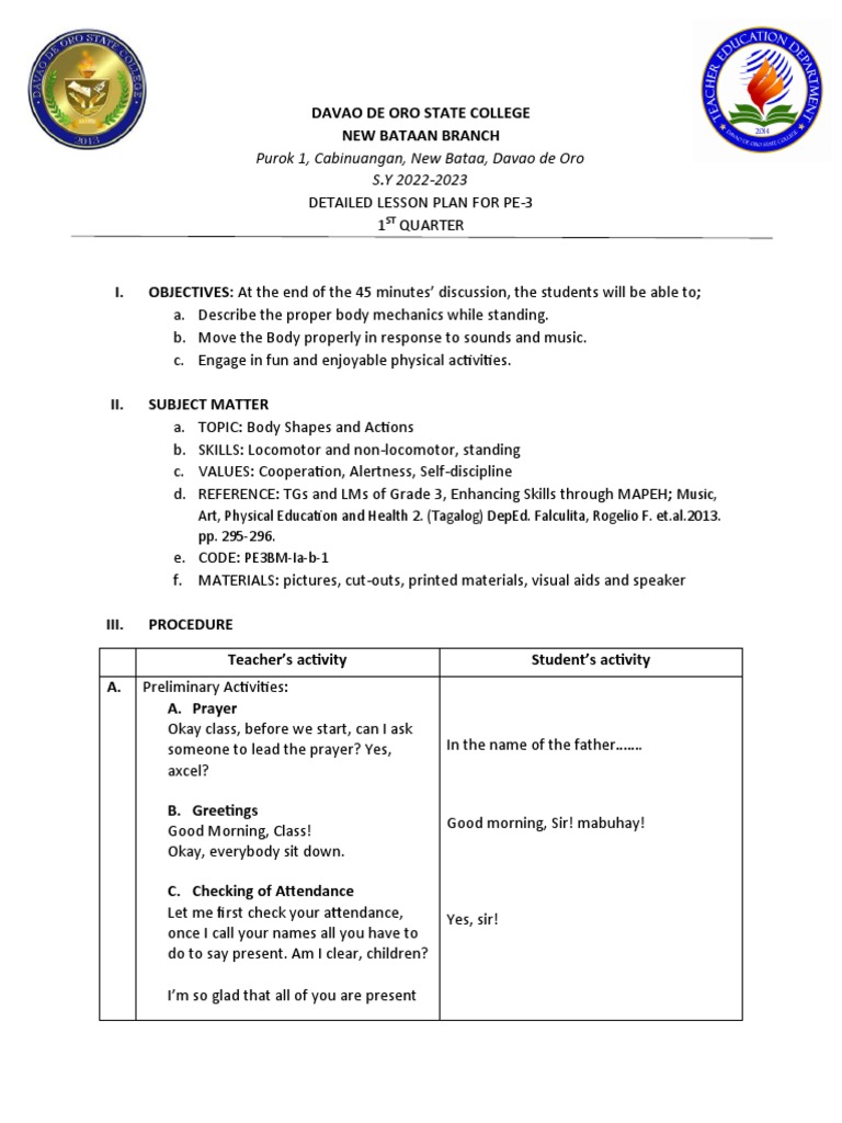 Detailed Lesson Plan Pe3 | PDF | Lesson Plan